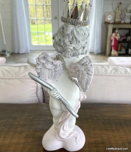 Rhinestone Crowned Cupid Statue, 11" Shabby Chic Cherub With Crown ...