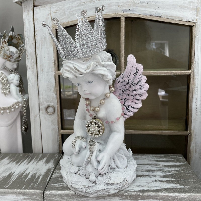 Crowned Cherub & Crowned Rabbit Statue Cherub Pink Wings LOCKET ...