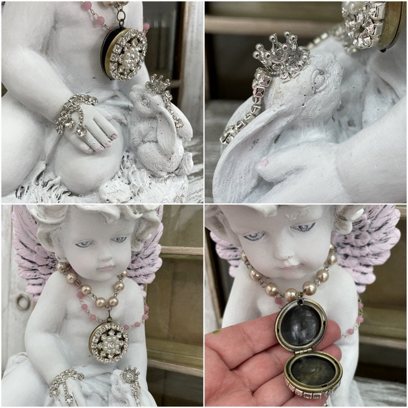Crowned Cherub & Crowned Rabbit Statue Cherub Pink Wings LOCKET ...