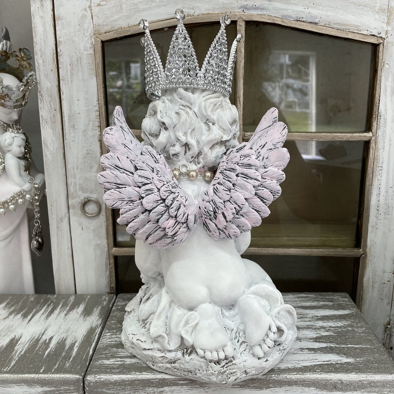 Crowned Cherub & Crowned Rabbit Statue Cherub Pink Wings LOCKET ...
