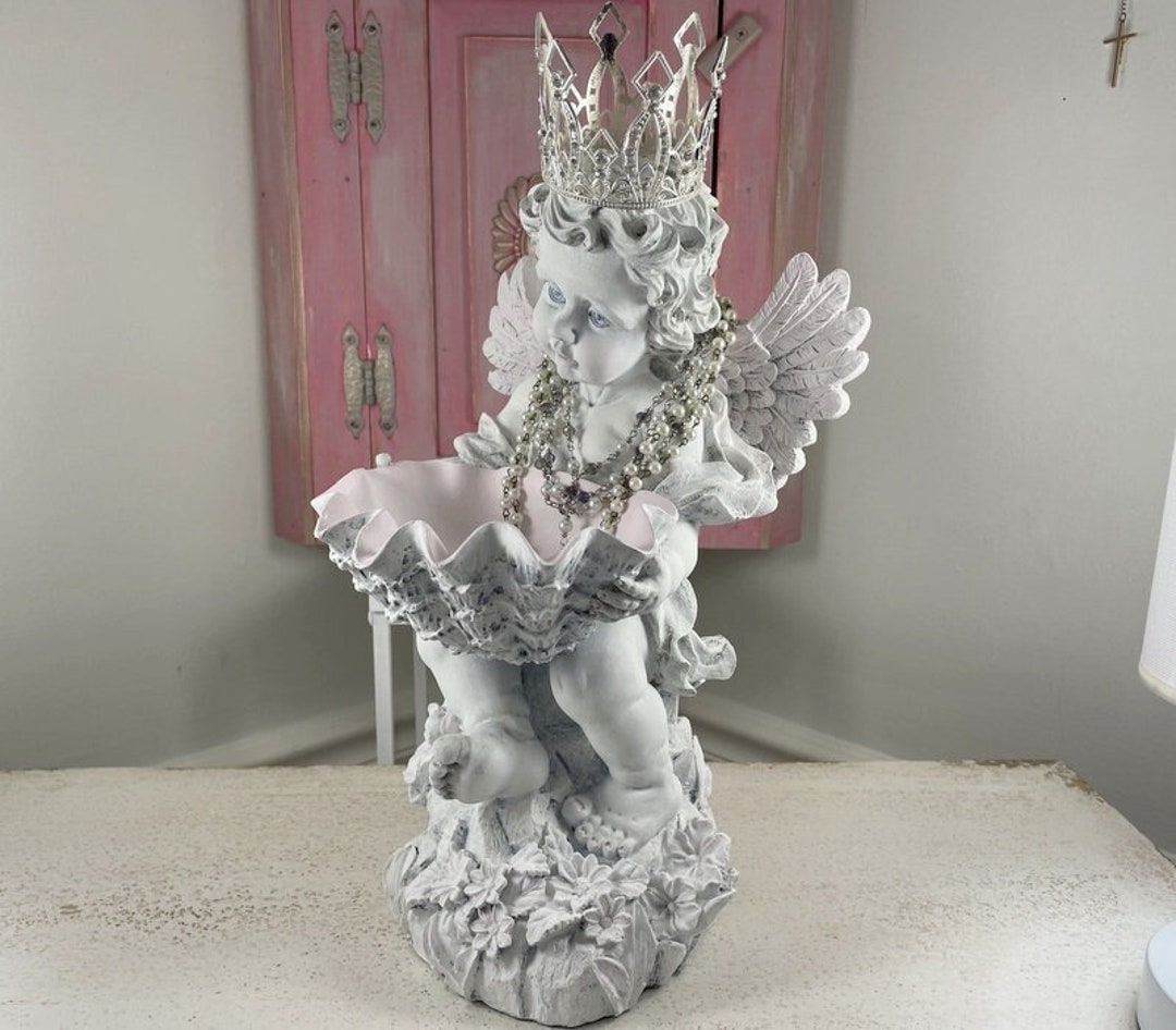 16 SHABBY Cherub Statue Cherub BOWL Pink Wings Rhinestone Crown Crowned ...