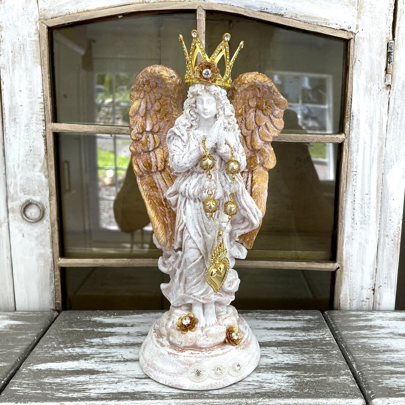 Crowned Praying Angel Statue Pink and Gold Wings Glass Prayer Beads ...