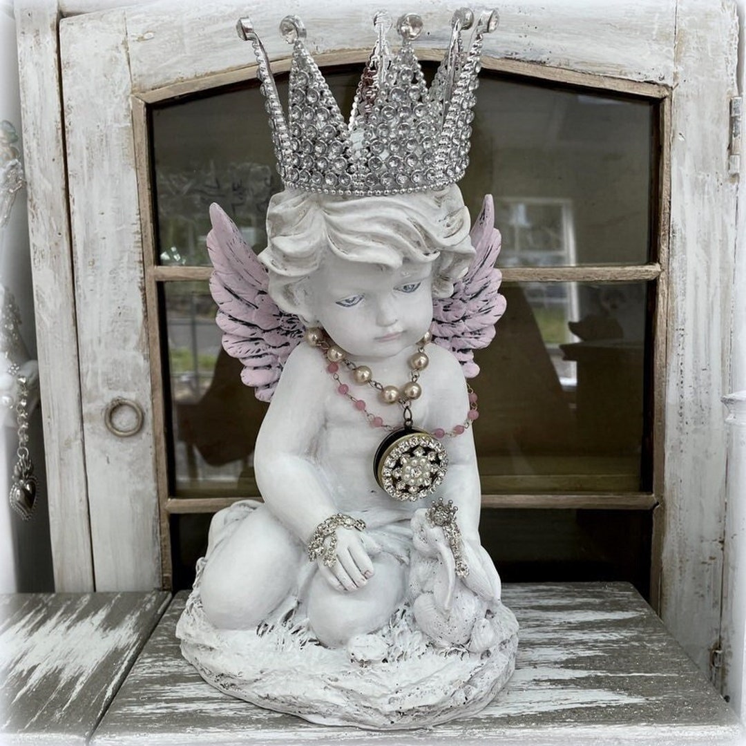 Crowned Cherub & Crowned Rabbit Statue Cherub Pink Wings LOCKET ...