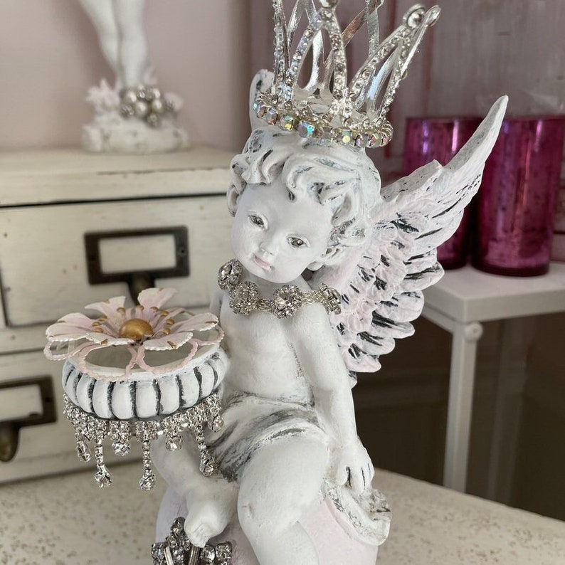 Shabby Chic Cherub Statue Jeweled Rhinestone Pink White Shabby Crowned ...