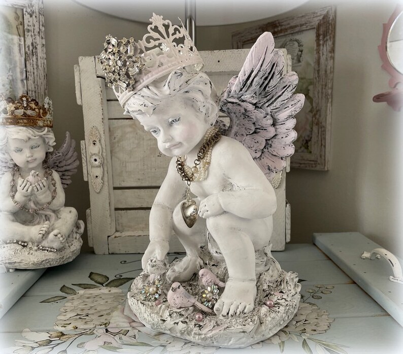 SHABBY Cherub & Birds Statue Cherub Pink Wings and Birds - Etsy
