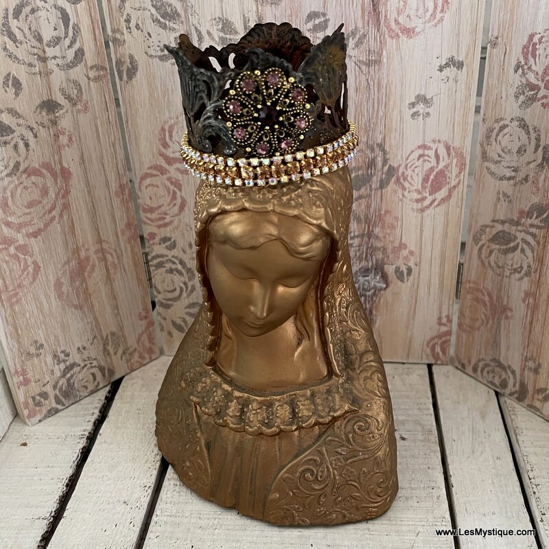 Rare Vintage Virgin Mary Statue Crowned Madonna JEWELED Rusty Crown ...