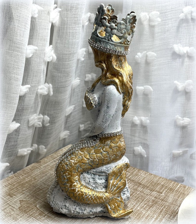 10 Cement Weathered Mermaid Statue Rhinestone Crown Jeweled Mermaid ...