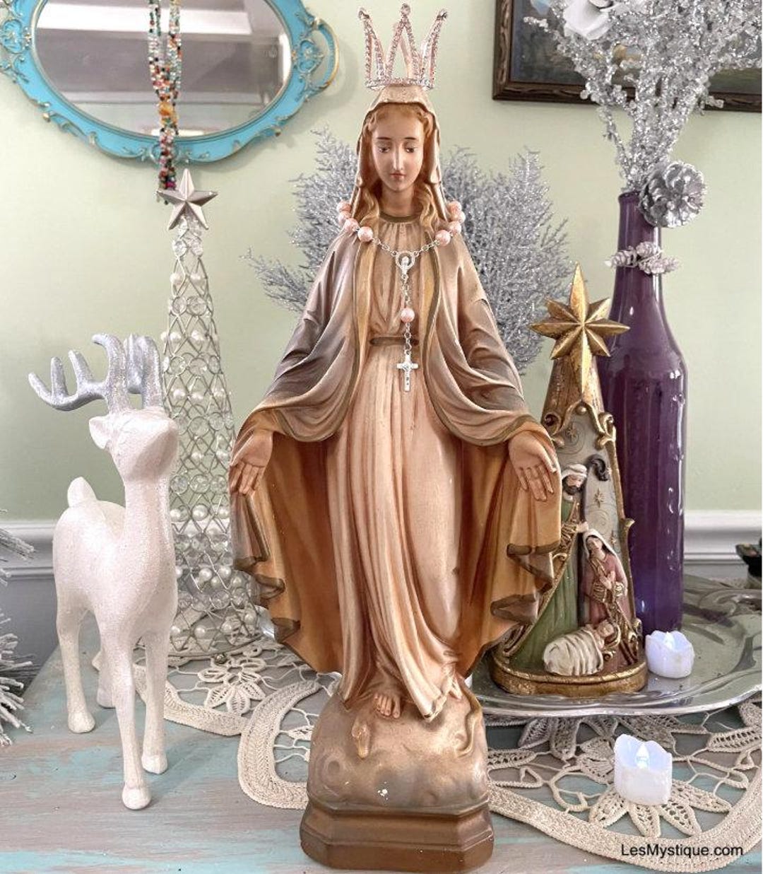 Large VINTAGE Crowned Our Lady of Grace Statue Virgin Mary Rhinestone ...