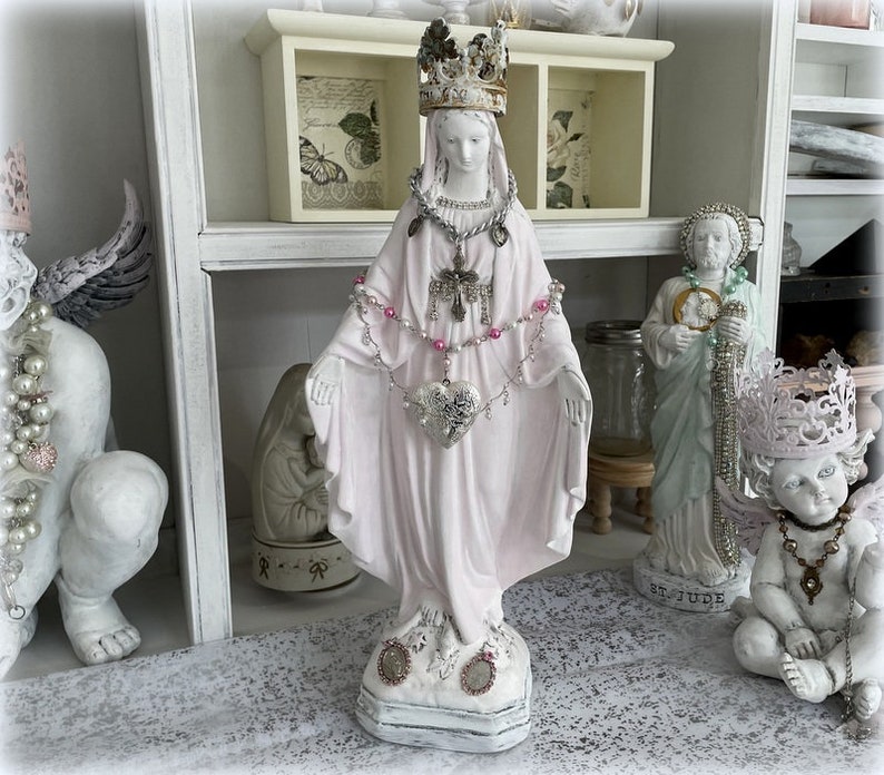 17" Jeweled Our Lady of Grace Statue W/ Crown Vintage Chalkware Statue ...