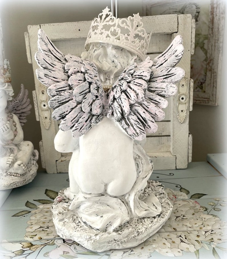 SHABBY Cherub & Birds Statue Cherub Pink Wings and Birds Rhinestone ...