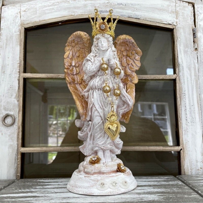 Crowned Praying Angel Statue Pink and Gold Wings Glass Prayer Beads ...