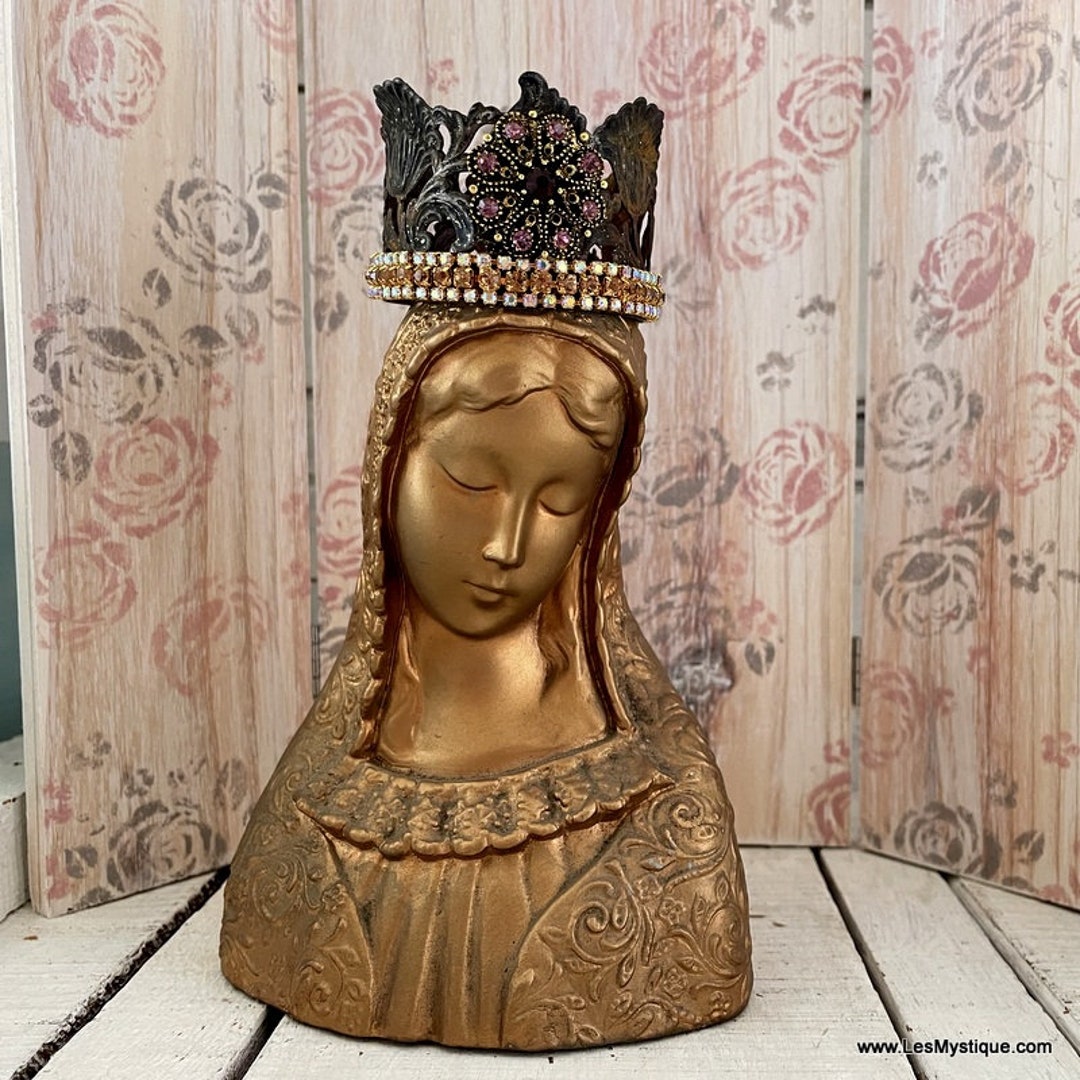 Rare Vintage Virgin Mary Statue Crowned Madonna JEWELED Rusty Crown ...