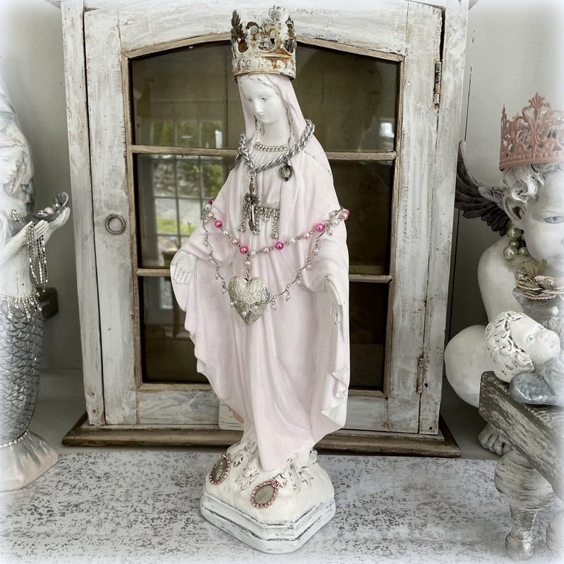 17" Jeweled Our Lady of Grace Statue W/ Crown Vintage Chalkware Statue ...