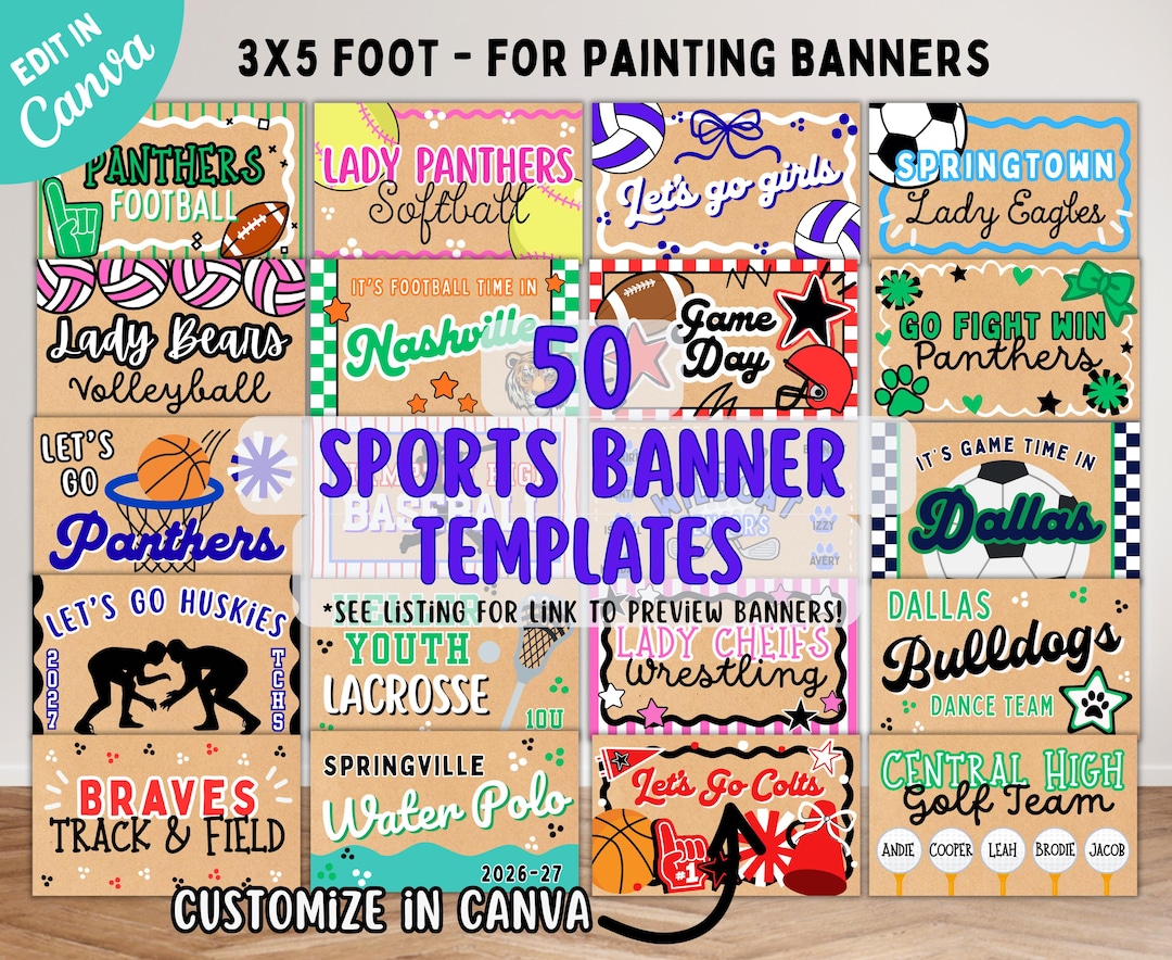 Sports Banner Bundle | 50 Editable Canva Painted Banner Templates ...