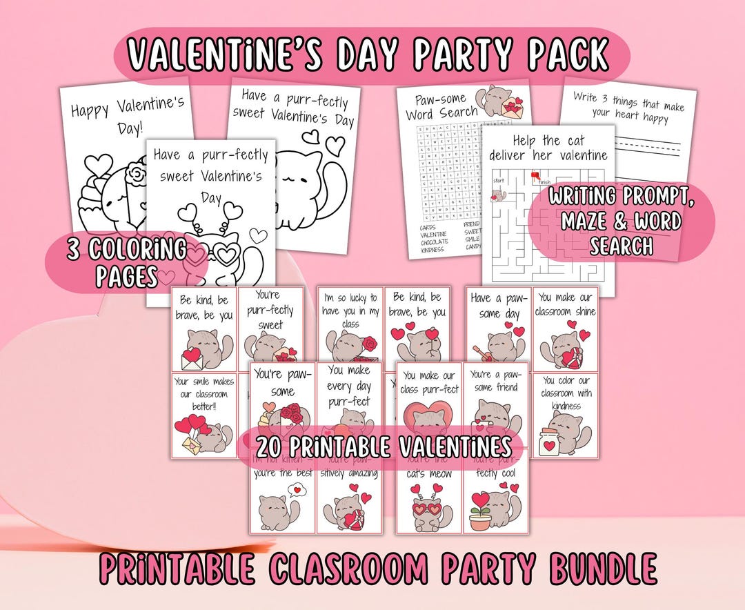 Valentine Classroom Printable Party Pack | 20 Cards, Word Search, Maze ...