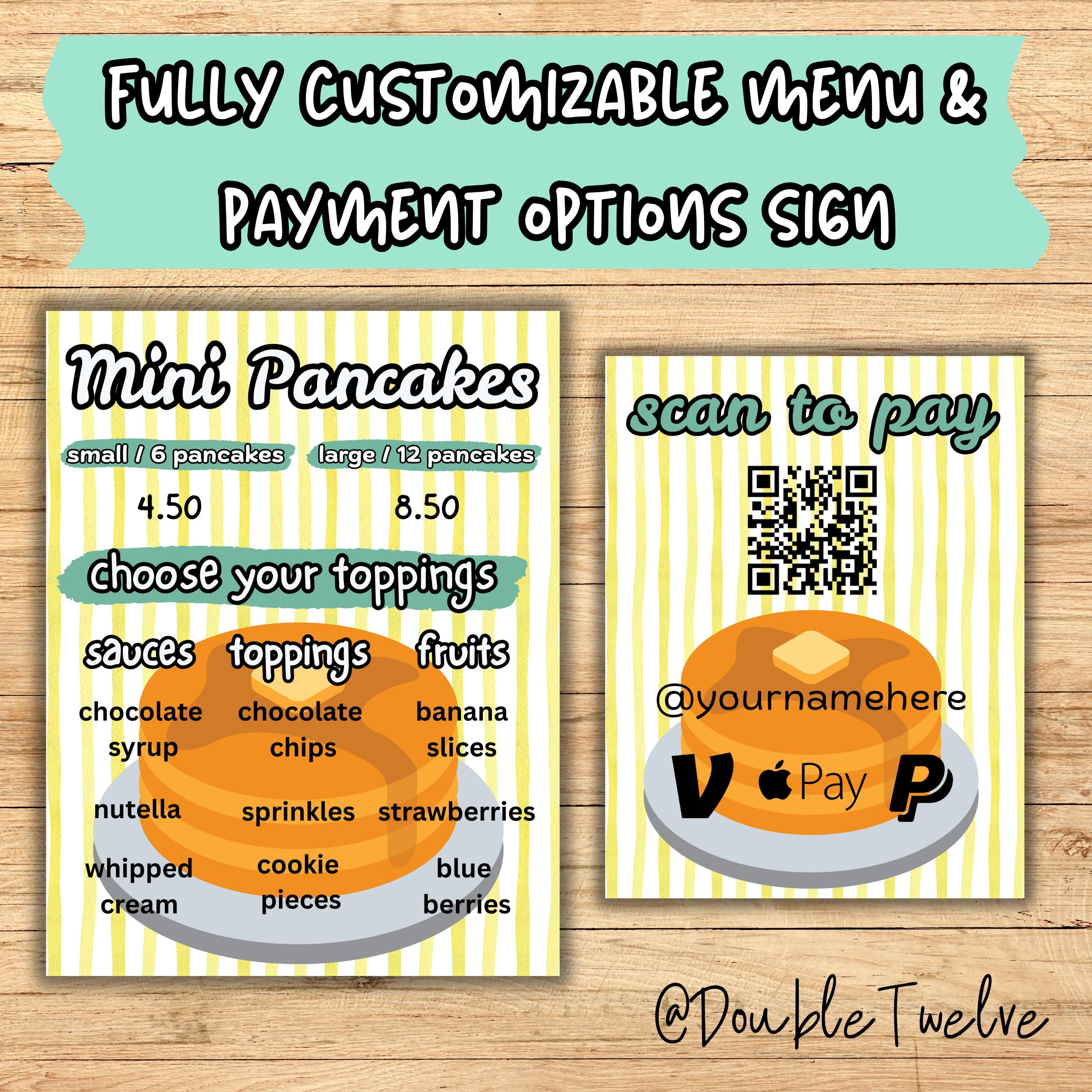 Mini Pancake Cart Signs, Payments Menu Price Signs, Editable in Canva ...