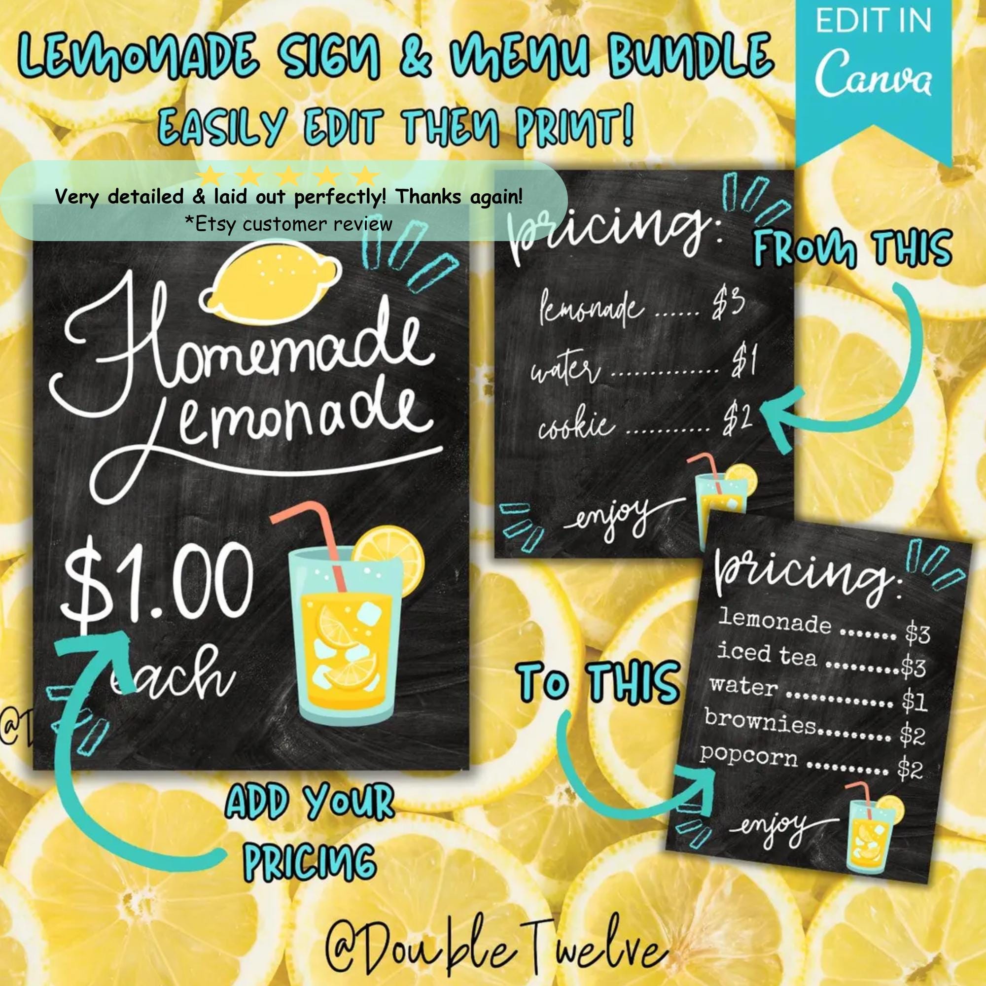Lemonade Stand Poster & Pricing Sign Bundle, Editable Canva Template ...