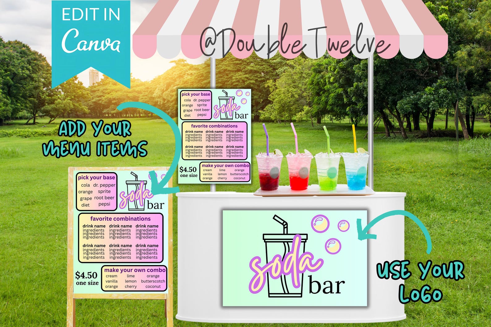 Dirty Soda Bar Mobile Cart Sign, Drink Business Display Menu, Editable ...