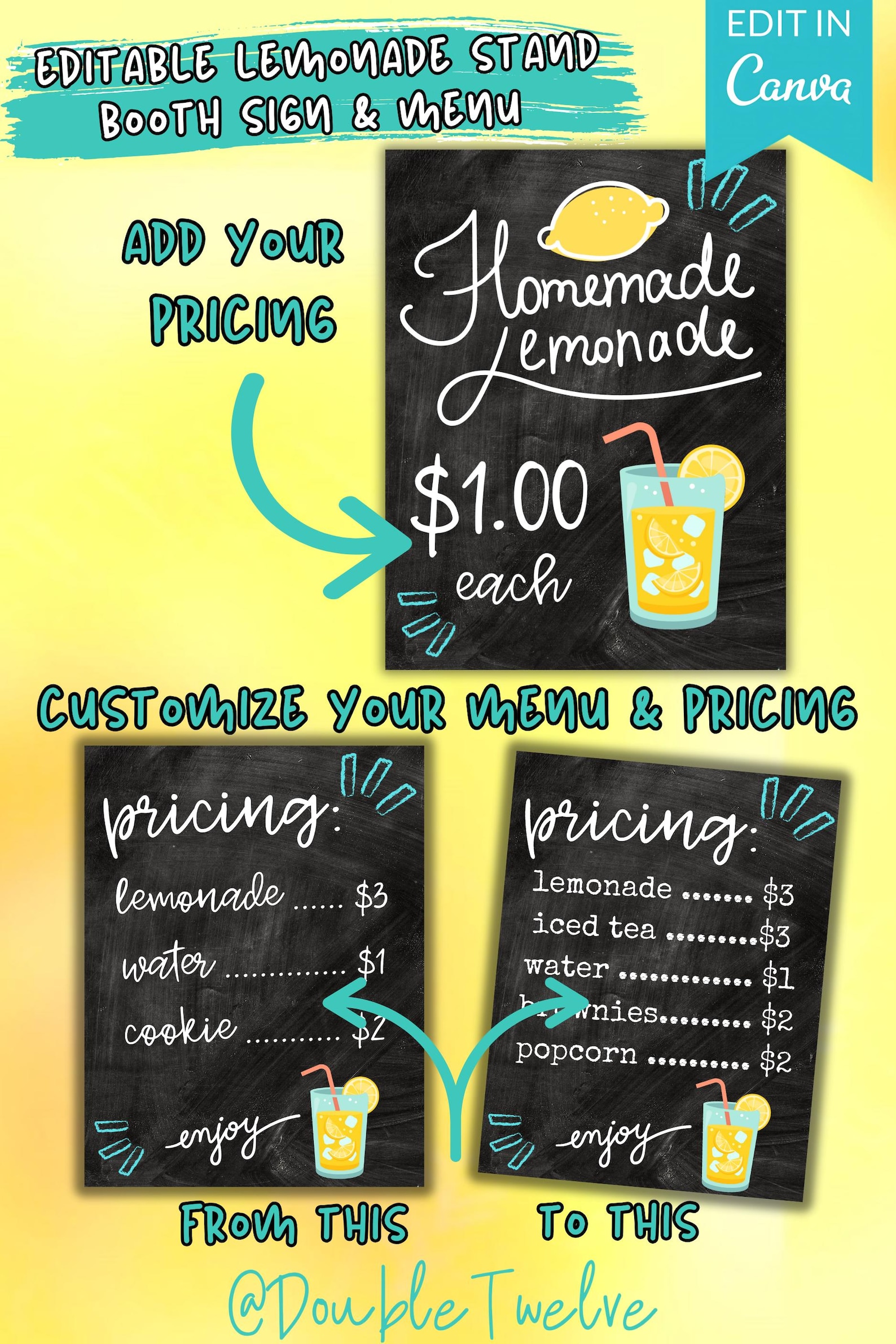 Lemonade Stand Poster & Pricing Sign Bundle, Editable Canva Template ...