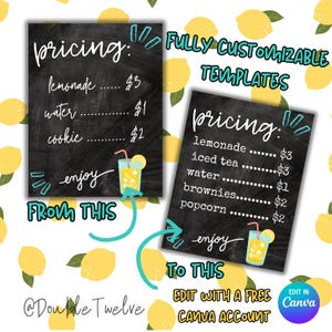 Lemonade Stand Poster & Pricing Sign Bundle, Editable Canva Template, Summer Kids Booth ...