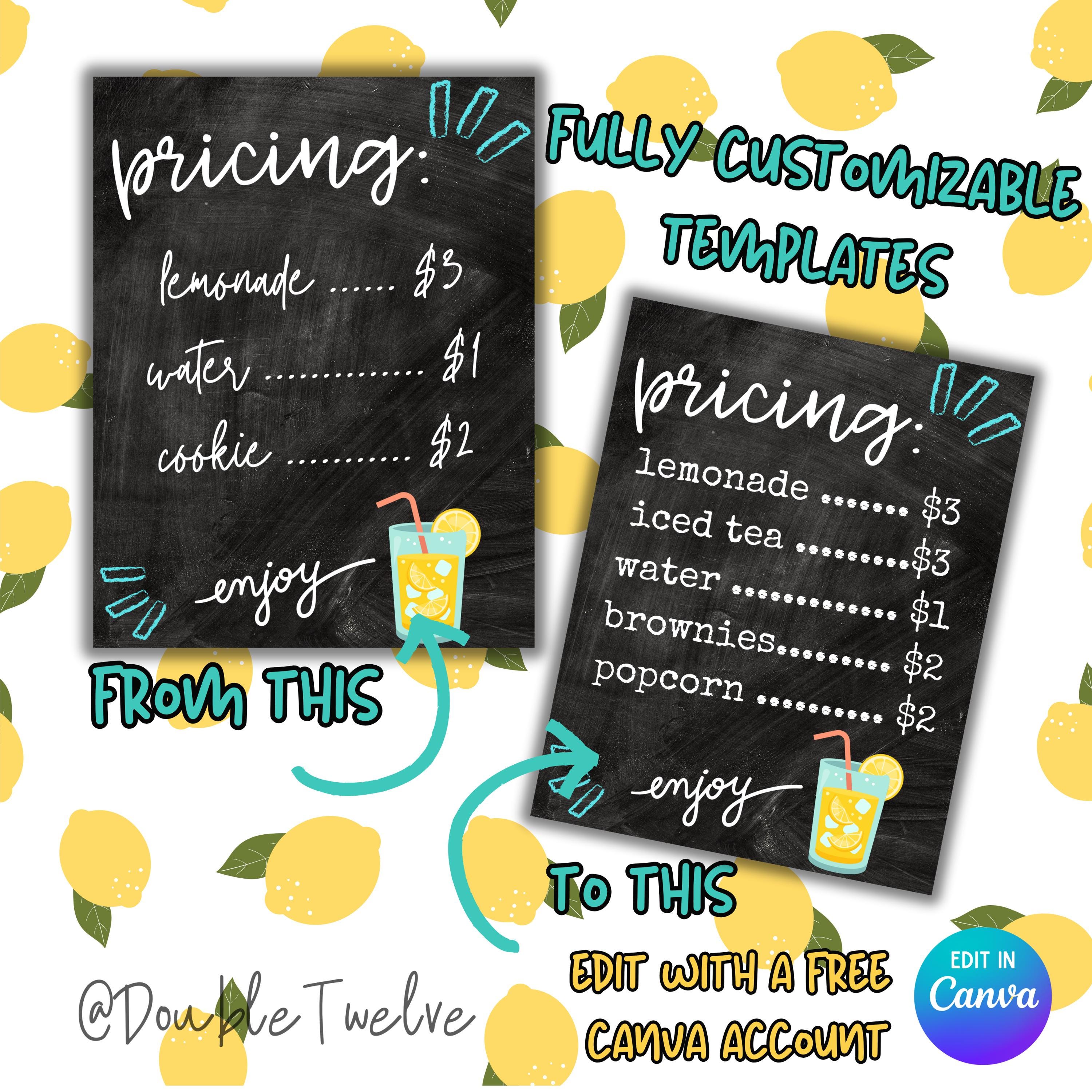 Lemonade Stand Poster & Pricing Sign Bundle, Editable Canva Template, Summer Kids Lemonade Booth ...