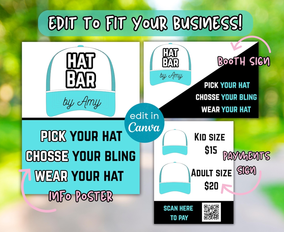 Hat Bar Business Sign Bundle, Bling Patches Trucker Hat Vendor Stand ...
