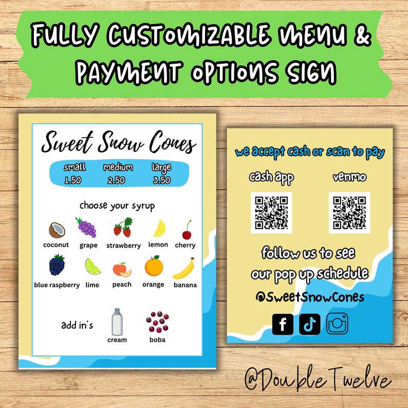 Snow Cone Stand Signs, Mobile Cart Business Display Menu, Editable ...