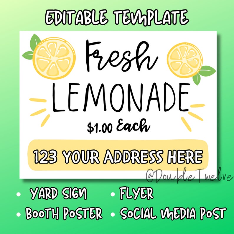 Printable Lemonade Stand Sign, DIY Lemonade Stand Yard Signs, Editable ...