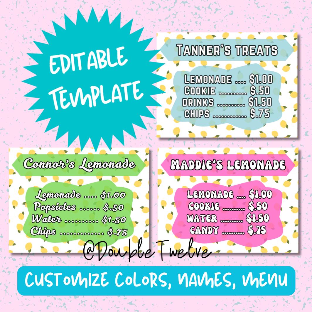 Lemonade Stand Signs, Custom Kids Lemonade Cookie Treat Posters ...