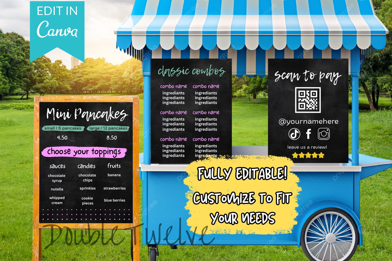 Mini Pancake Cart Signs, Mobile Bar Business Display Menu, Editable ...
