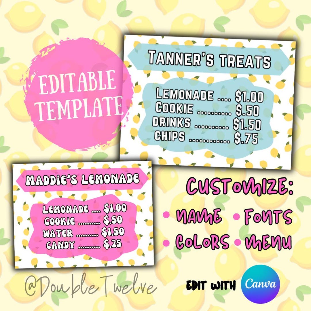 Cute Lemonade Stand Signs, Custom Kids Lemonade Cookie Treat Posters ...