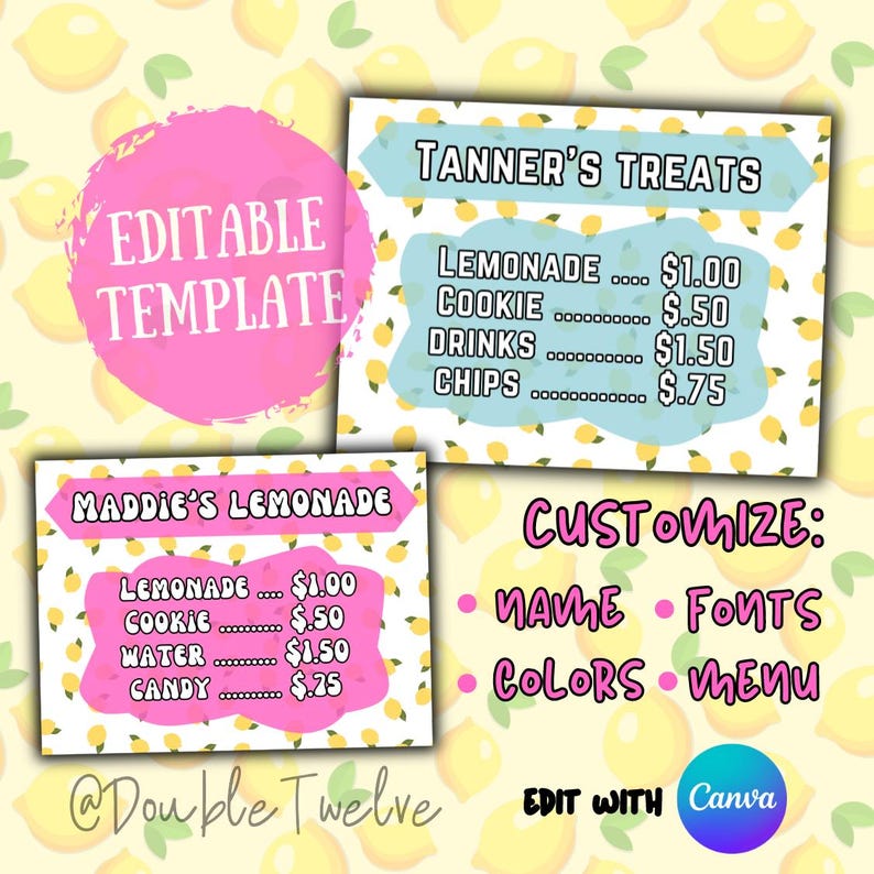 Cute Lemonade Stand Signs, Custom Kids Lemonade Cookie Treat Posters ...