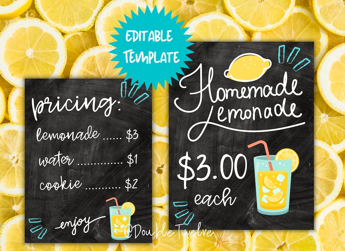 Lemonade Stand Poster & Pricing Sign Bundle, Editable Template, Summer ...