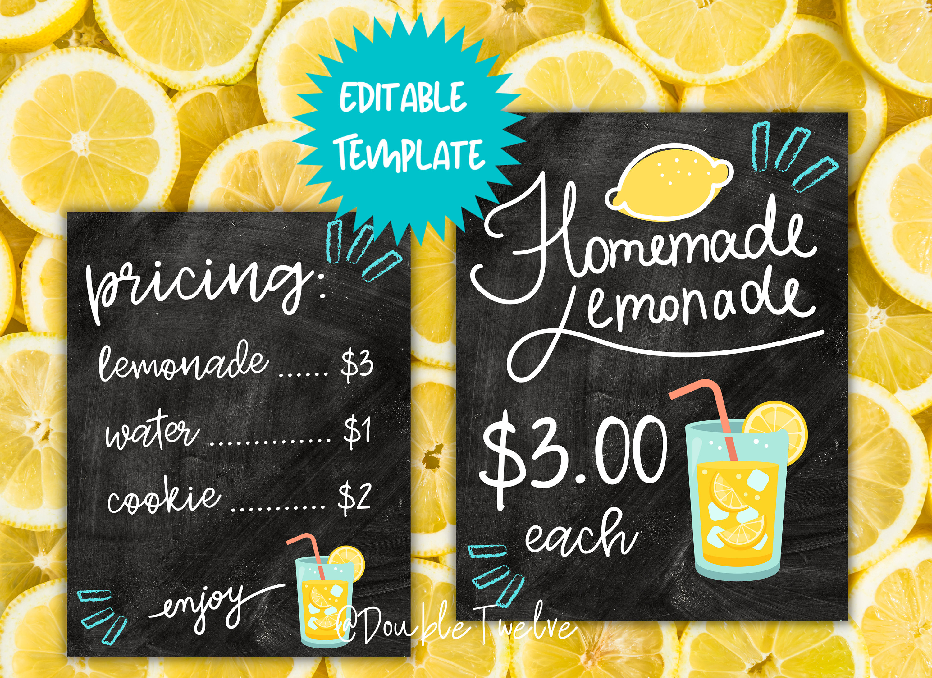 Lemonade Stand Poster & Pricing Sign Bundle, Editable Template, Summer ...