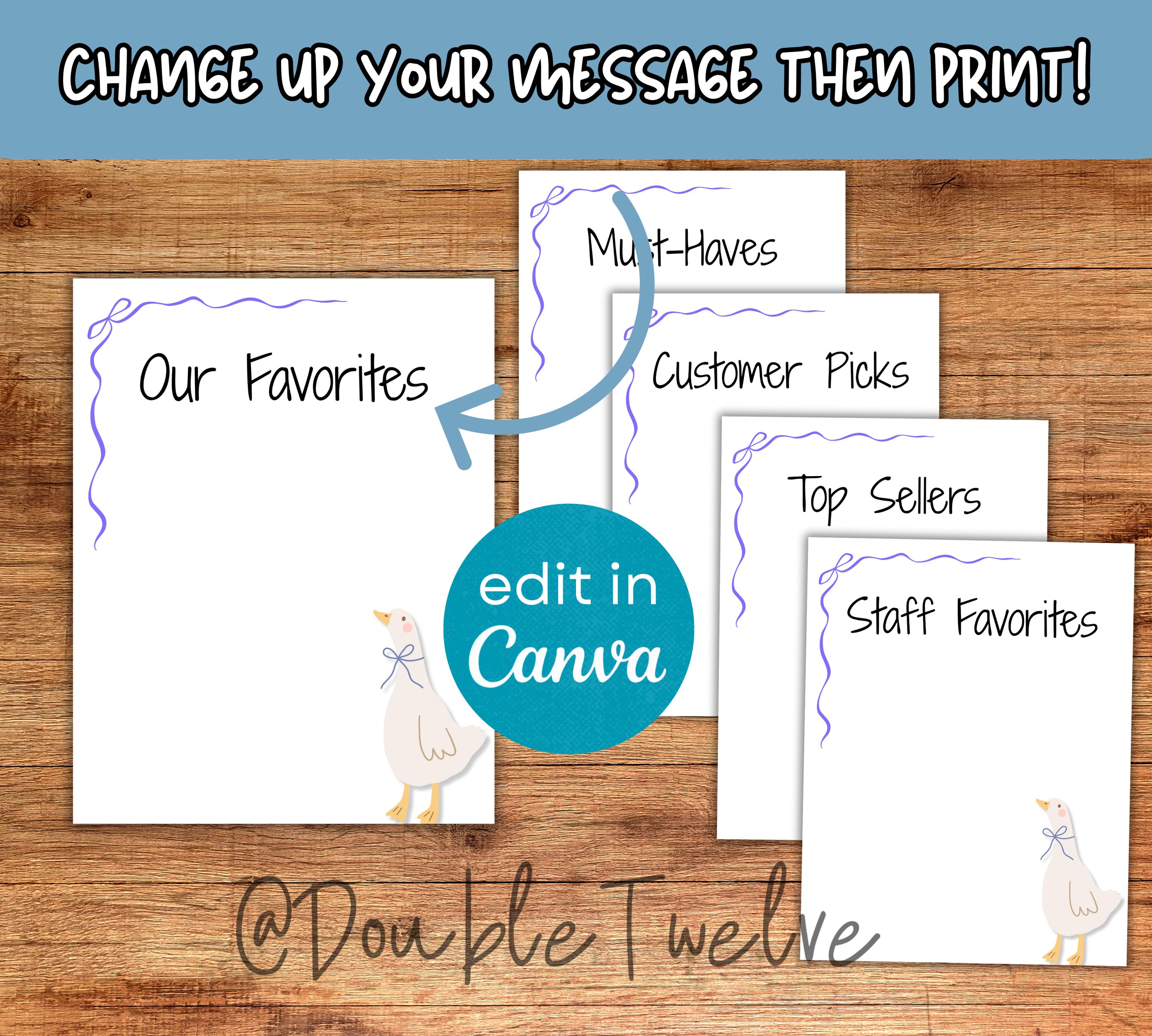 Silly Goose Theme Craft Fair Bundle, 5 Printable Favorites Signs ...
