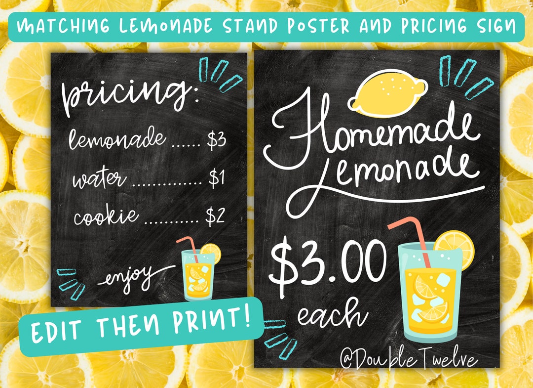 Lemonade Stand Poster And Pricing Sign Bundle Editable Template Summer