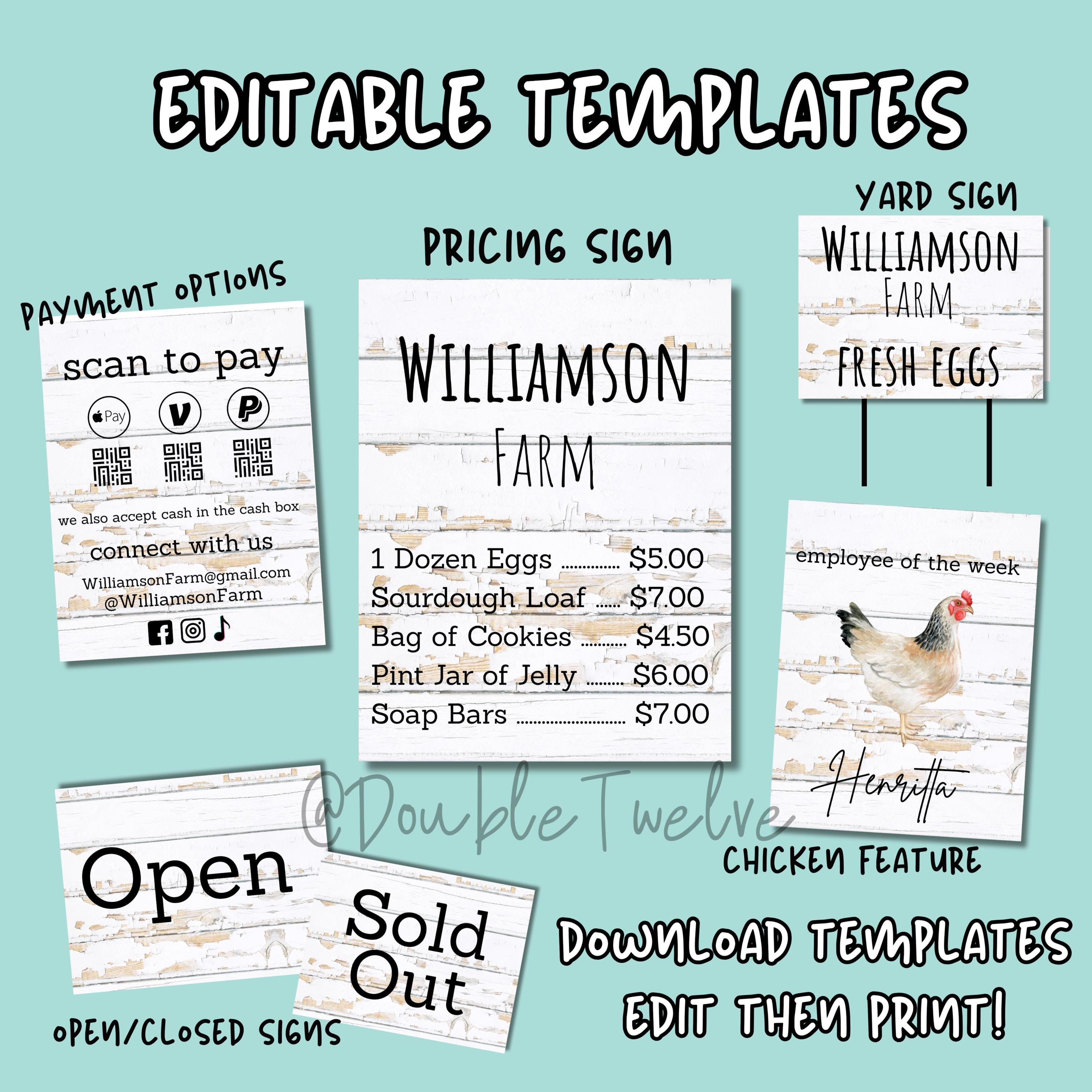 Editable Roadside Farm Stand Signs, Produce Price Sheet Template ...