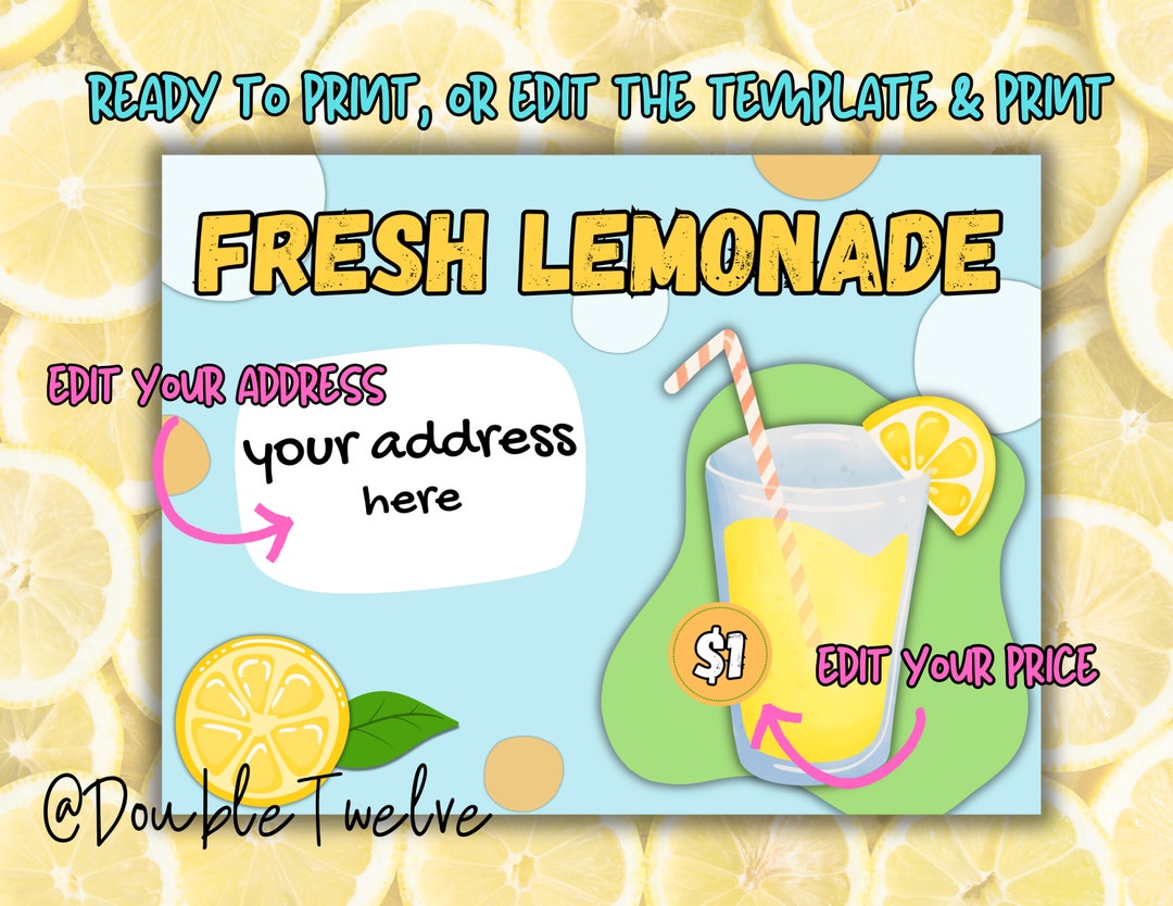 Cute Lemonade Stand Yard Sign Poster, Printable Lemonade Stand Sign ...