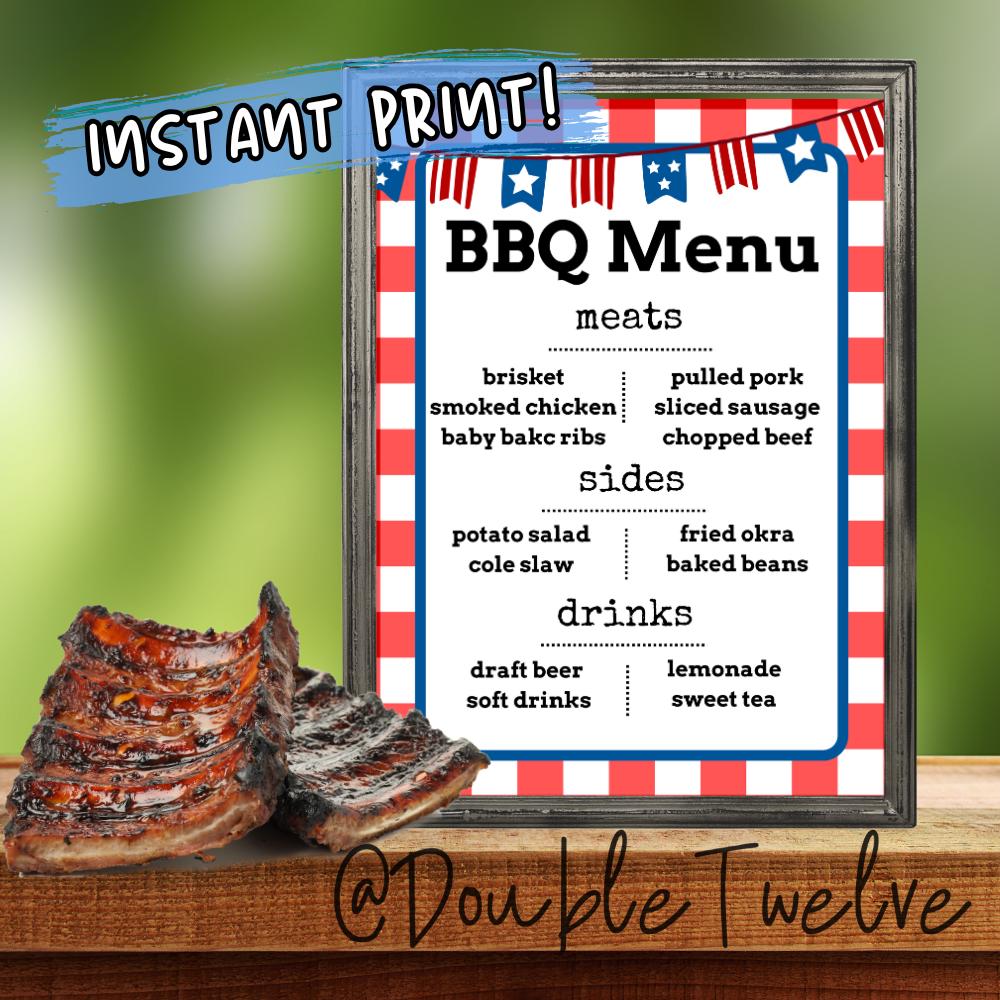 Backyard BBQ Menu Sign, Printable Bar-b-que Labor Day Summer Party ...