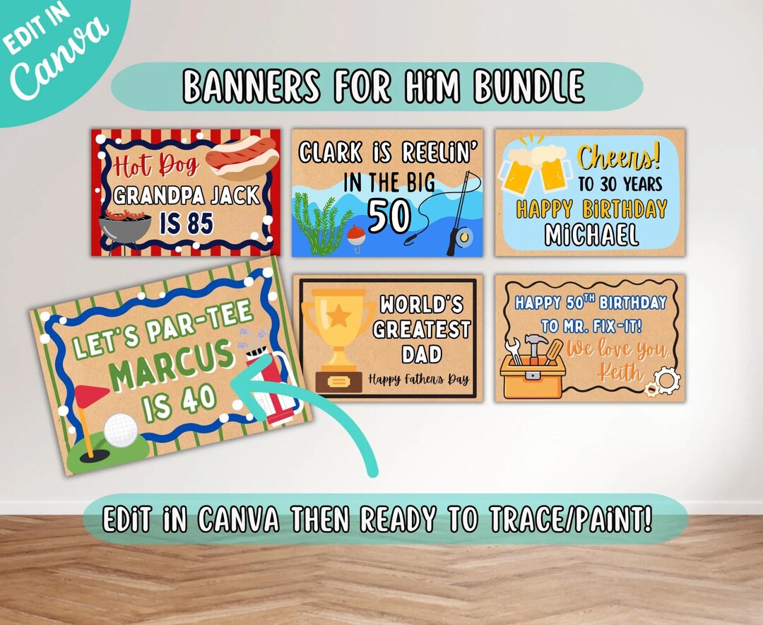 Party Banner Bundle for Him | Editable Canva Templates for Him | Custom ...