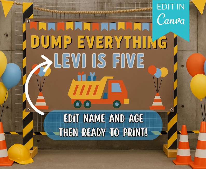 Construction Birthday Banner, Painted Look Banners, Edit in Canva Then ...