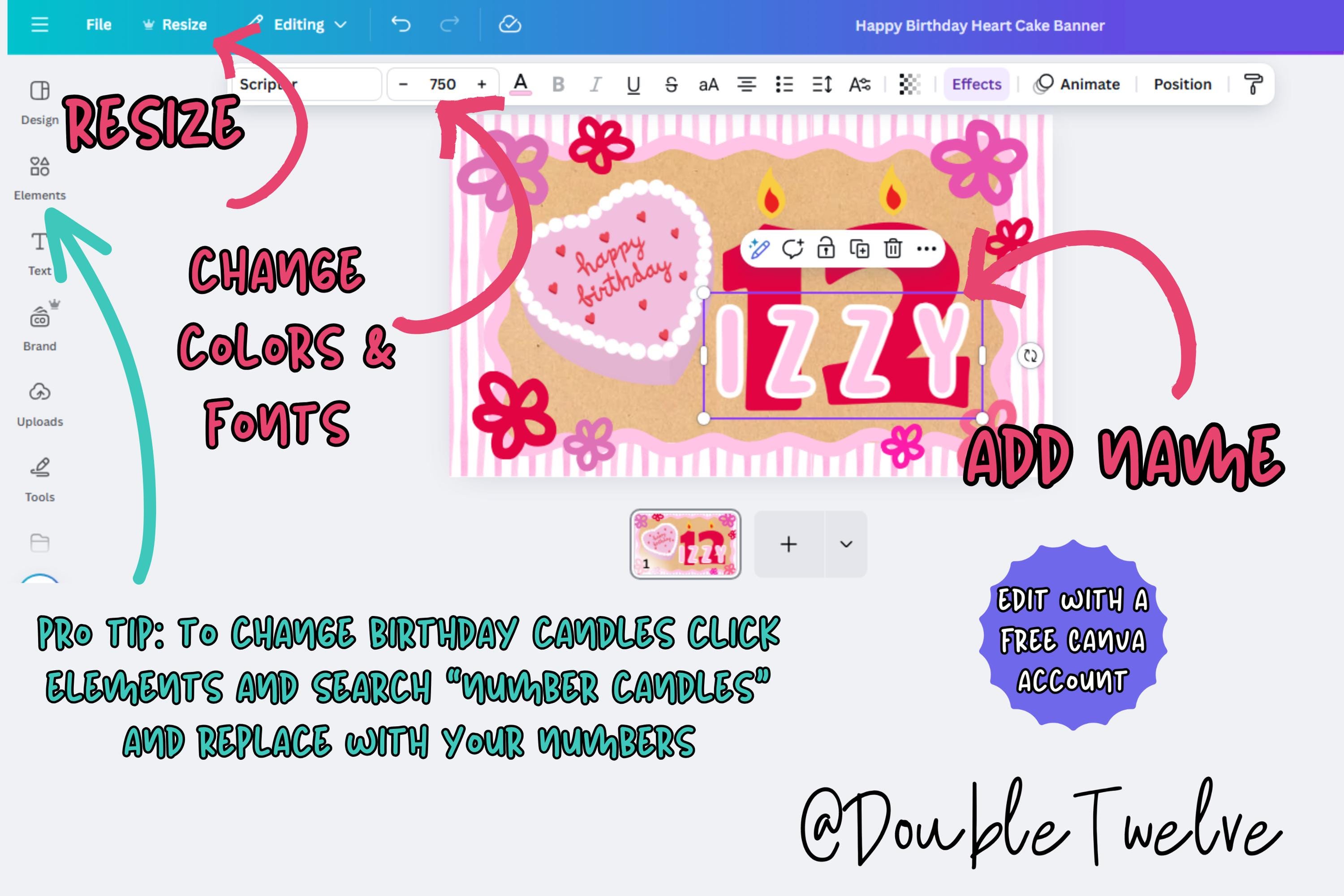 Custom Birthday Banner Template, Heart Shape Cake Party Printable ...