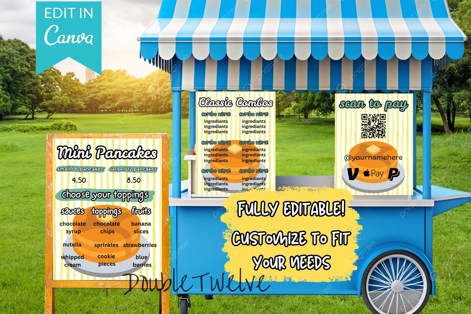Mini Pancake Cart Signs, Payments Menu Price Signs, Editable in Canva ...