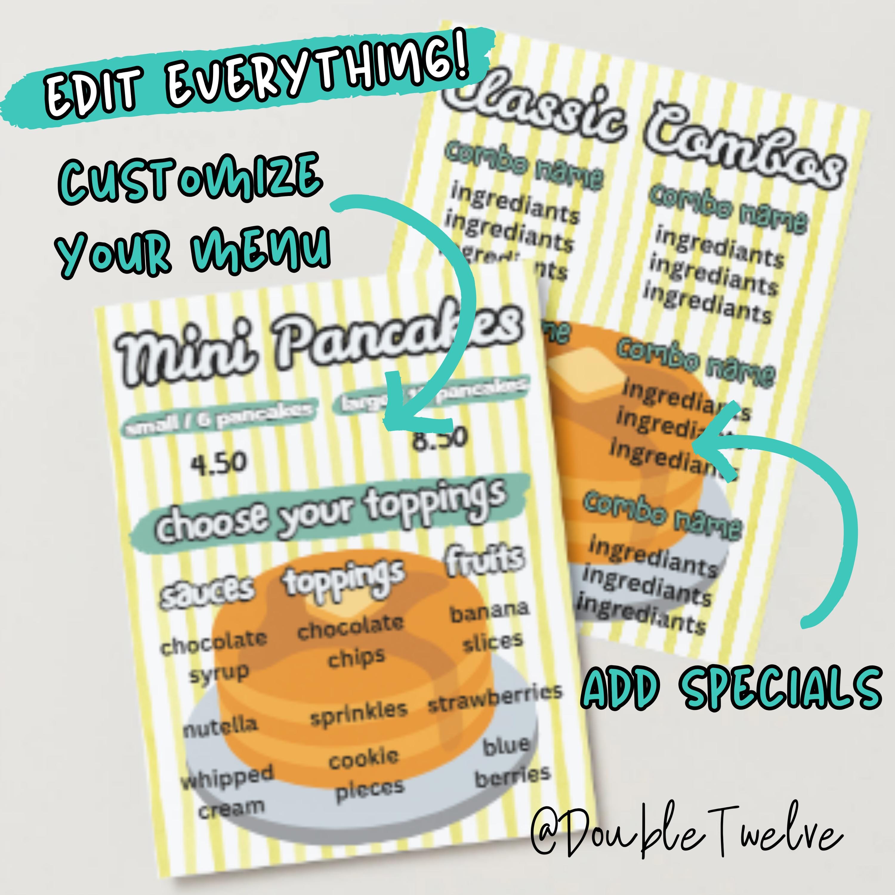 Mini Pancake Cart Signs, Payments Menu Price Signs, Editable in Canva ...