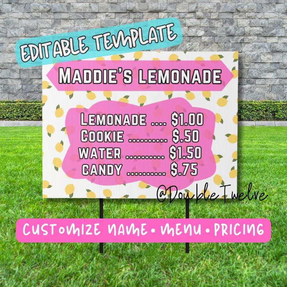 Cute Lemonade Stand Signs, Custom Kids Lemonade Cookie Treat Posters, Editable Kids Stand Yard ...