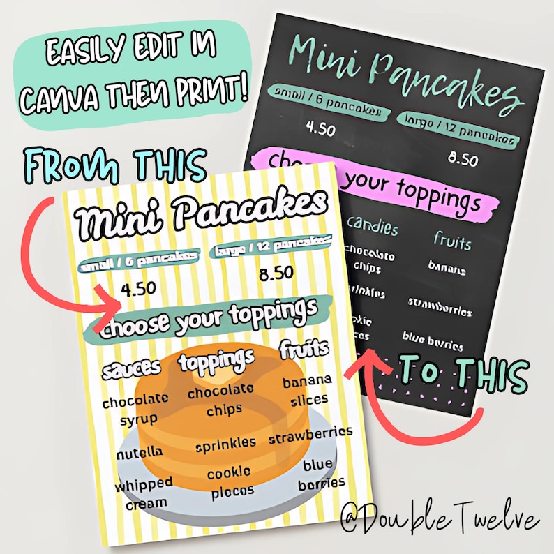 Mini Pancake Cart Signs, Payments Menu Price Signs, Editable in Canva ...