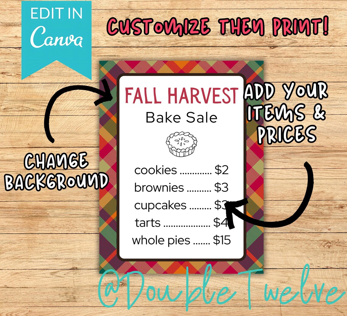Fall Bake Sale Sign Template, Printable Bake Sale Menu for Craft Fairs ...