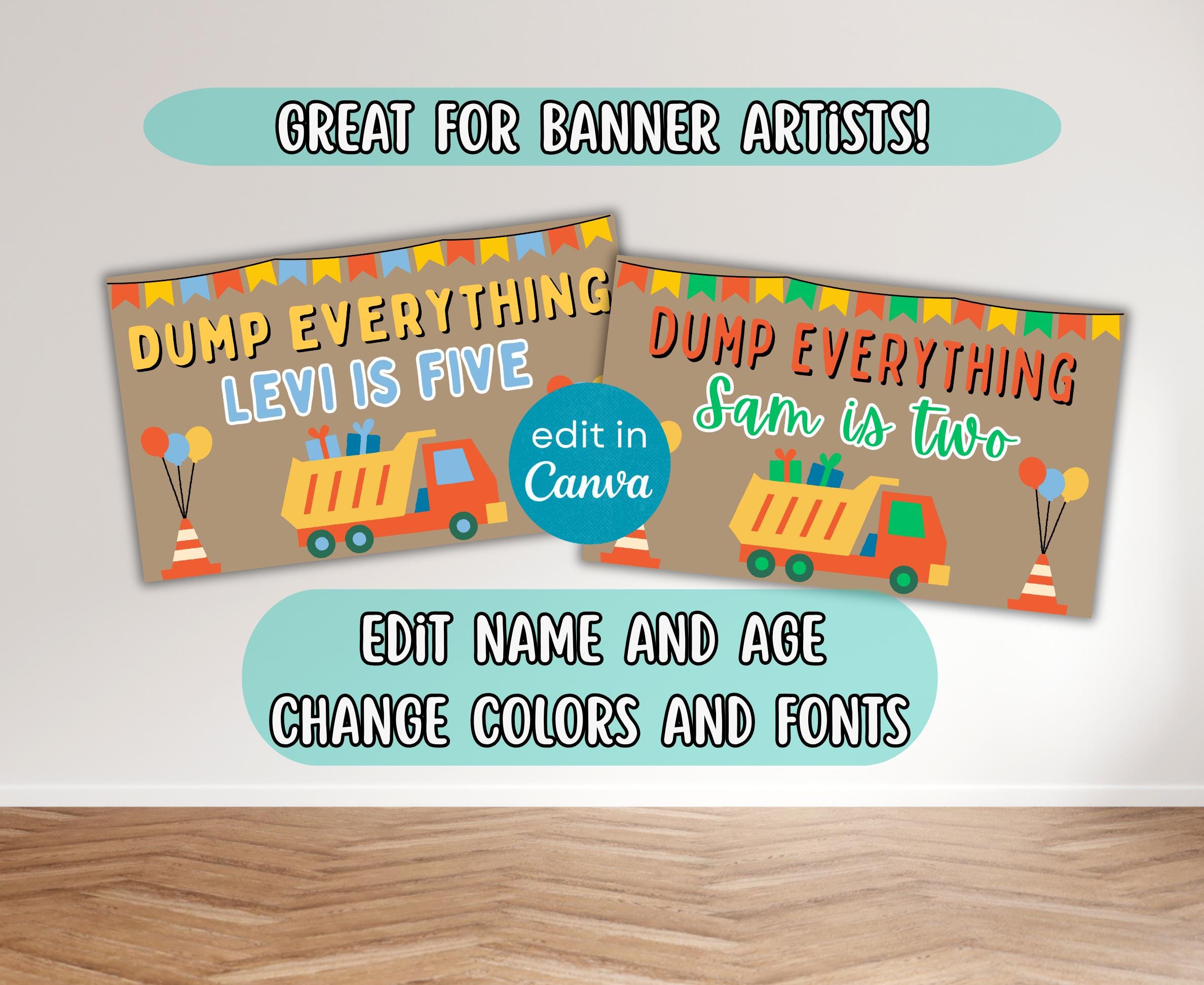 Construction Birthday Banner, Painted Look Banners, Edit in Canva Then ...