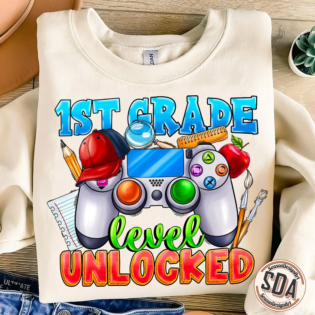 1st Grade Level Unlocked PNG: Gamer Back to School Design (digital ...