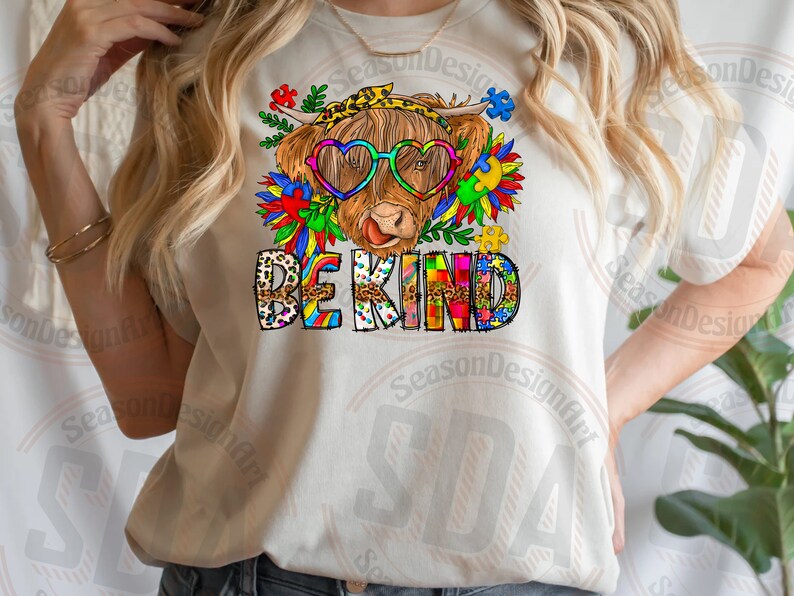 Be Kind Highland Cow PNG: Autism Awareness Sublimation Design (digital ...